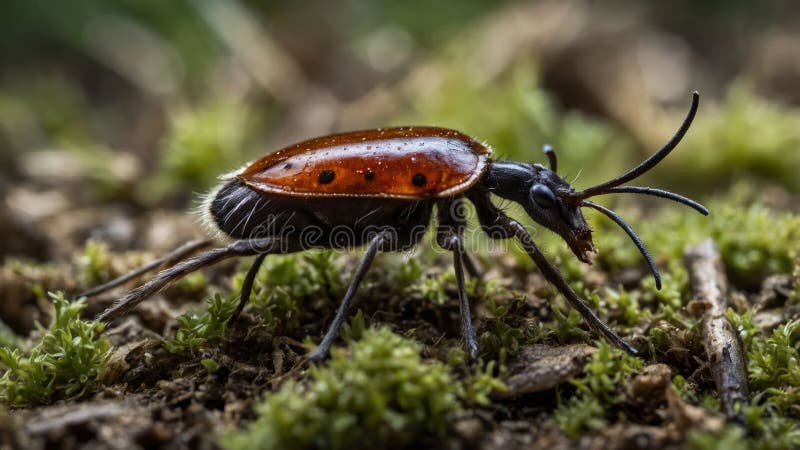 A Close-up of a Beetle with a Shiny Reddish-brown Shell on a Mossy ...