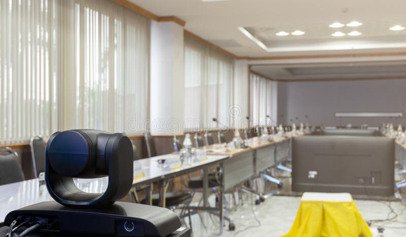 Closeup Video Conference Camera With Presentation Meeting Background ...