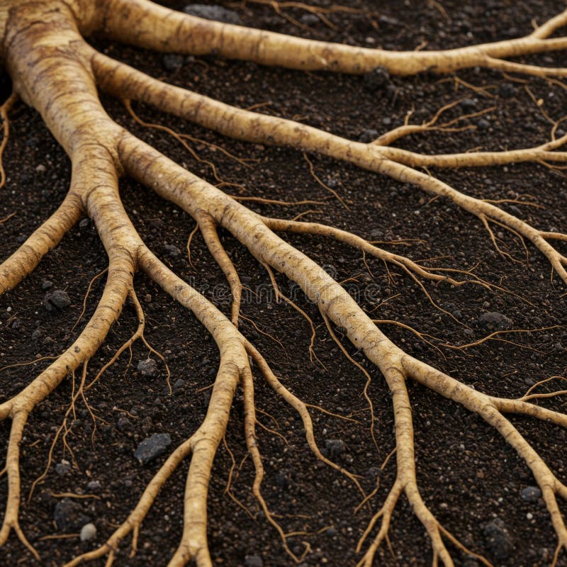 Close Up of Beige Plant Roots in Dark Soil Stock Illustration ...
