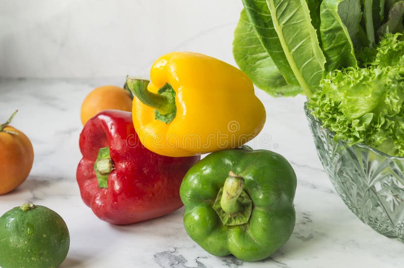 Close-up of Bell Pepper, Green, Yellow, Red, Lettuce Stock Image ...