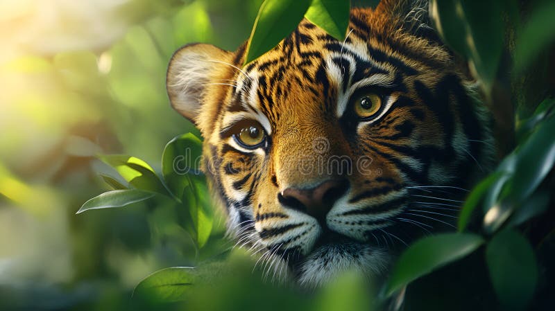 Close-up of a Bengal Tiger in Dense Greenery with Sunlight, Wildlife ...
