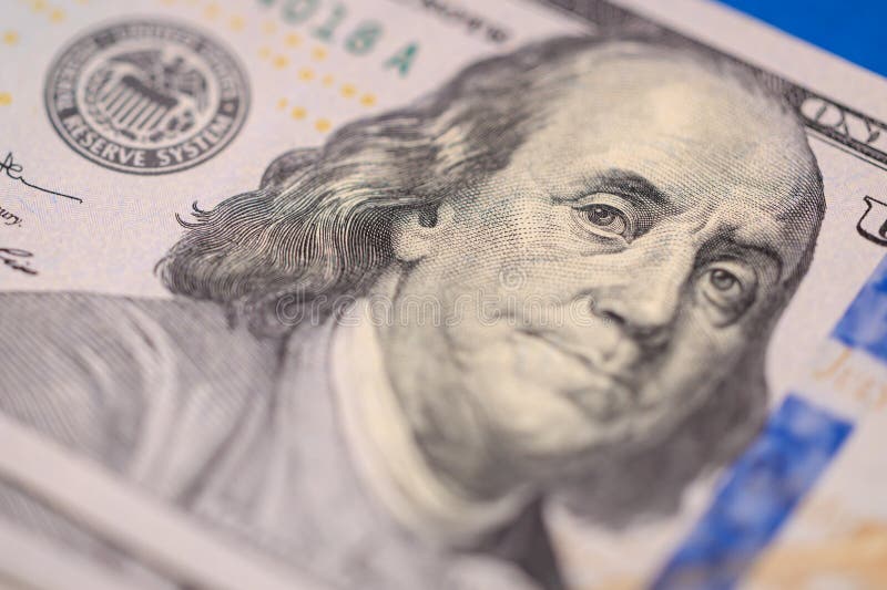 Close-up of Benjamin Franklin Portrait on 100 Dollar Bill with Detailed ...