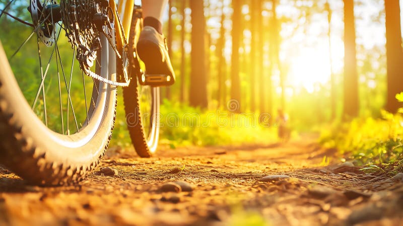 Close Up of Bicycle Riding on Forest Path among Trees in Sun Rays ...