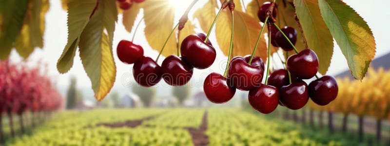 Close Up on Big Cherries Hanging on a Cherry Tree Branch. Stock Image ...