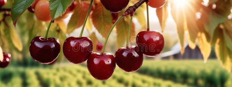 Close Up on Big Cherries Hanging on a Cherry Tree Branch. Stock Image ...