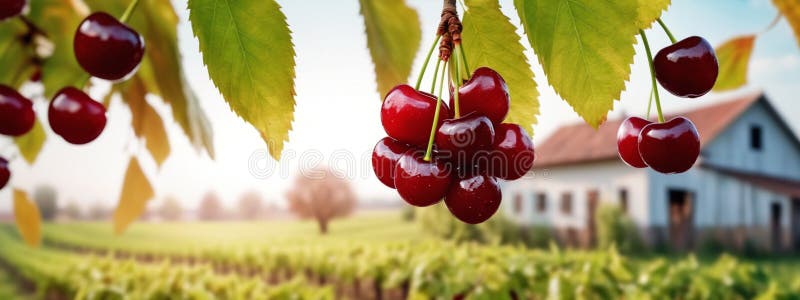 Close Up on Big Cherries Hanging on a Cherry Tree Branch. Stock Image ...
