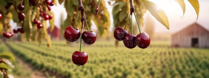 Close Up on Big Cherries Hanging on a Cherry Tree Branch. Stock Image ...