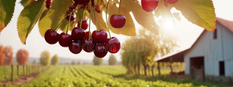 Close Up on Big Cherries Hanging on a Cherry Tree Branch. Stock Image ...