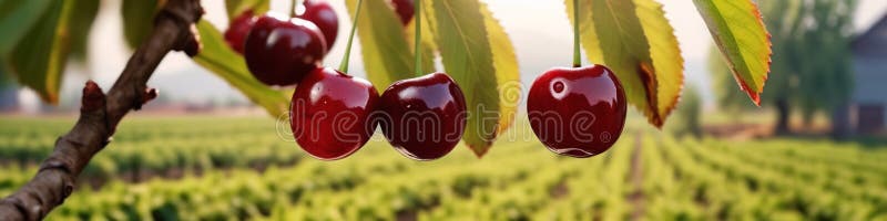Close Up on Big Cherries Hanging on a Cherry Tree Branch. Stock Photo ...