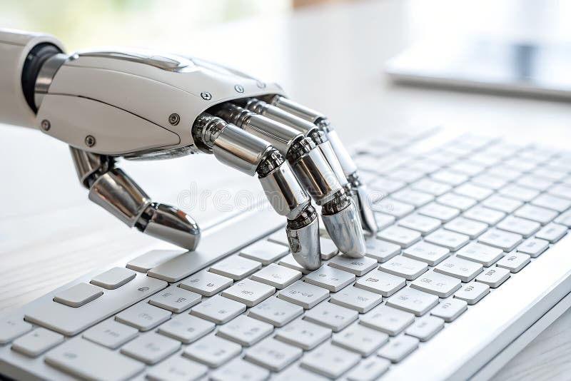 Close Up of a Bionic Hand Pressing the White Keyboard of a Computer ...