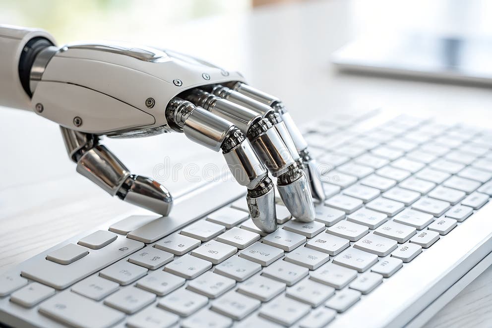 Close Up of a Bionic Hand Pressing the White Keyboard of a Computer ...