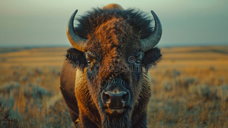Close-up of a Bison on a Prairie during Sunset. Stock Image - Image of ...