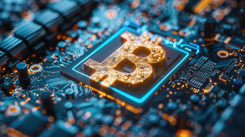 A Close Up of a Bitcoin on a Computer Motherboard Stock Illustration ...