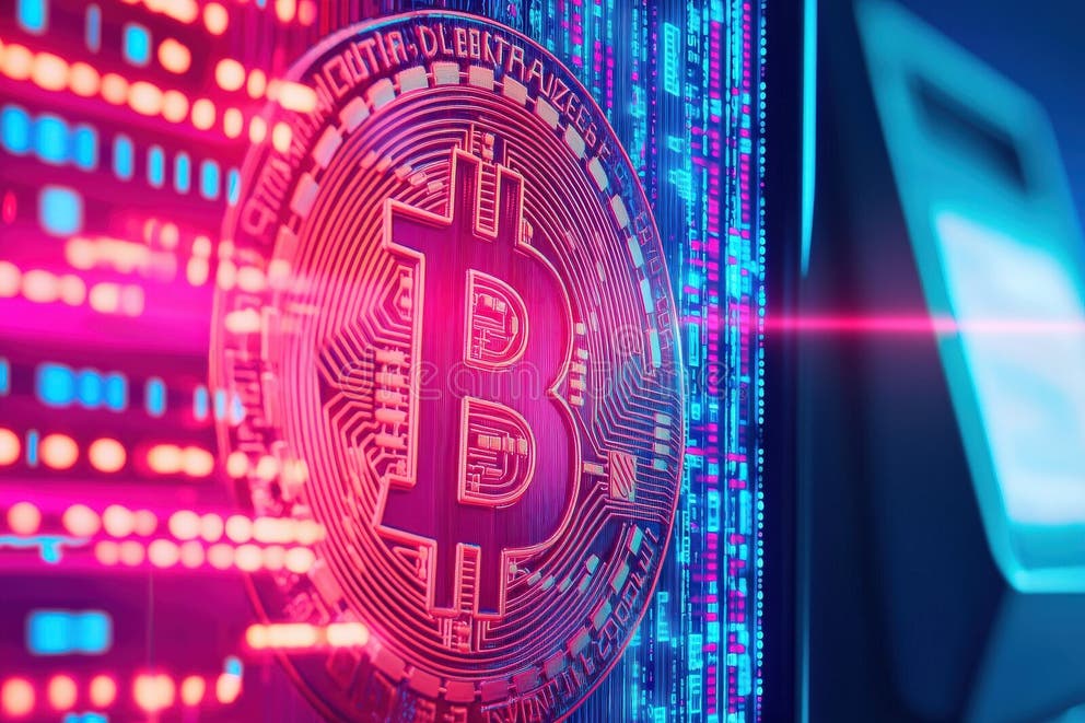 Closeup of a Bitcoin Digital Currency Symbol with Vibrant Lights and ...