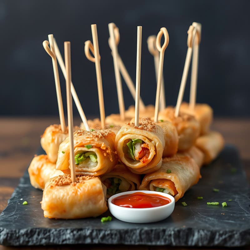 Close Up of Bite Sized Crispy Spring Rolls Skewered on Cocktail Sticks ...