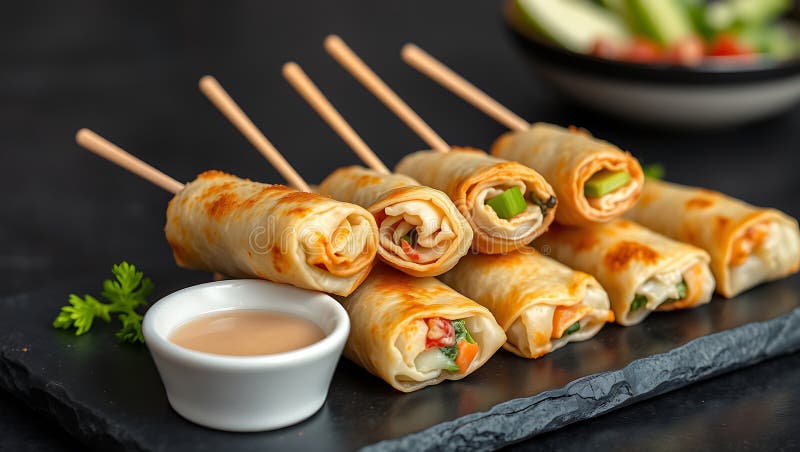 Close Up of Bite Sized Crispy Spring Rolls Skewered on Cocktail Sticks ...