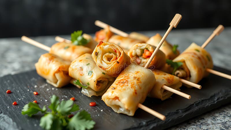 Close Up of Bite Sized Crispy Spring Rolls Skewered on Cocktail Sticks ...