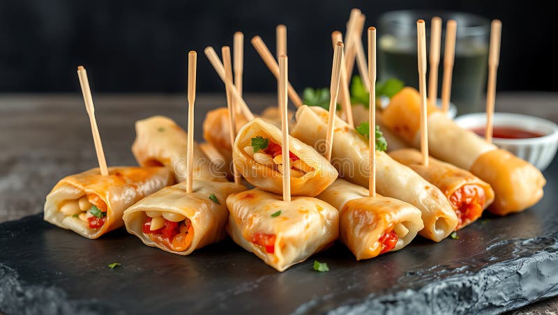 Close Up of Bite Sized Crispy Spring Rolls Skewered on Cocktail Sticks ...