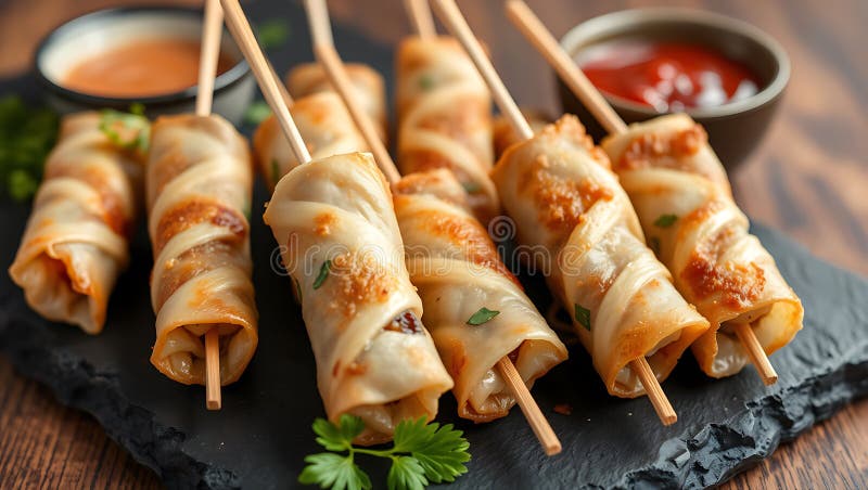 Close Up of Bite Sized Crispy Spring Rolls Skewered on Cocktail Sticks ...