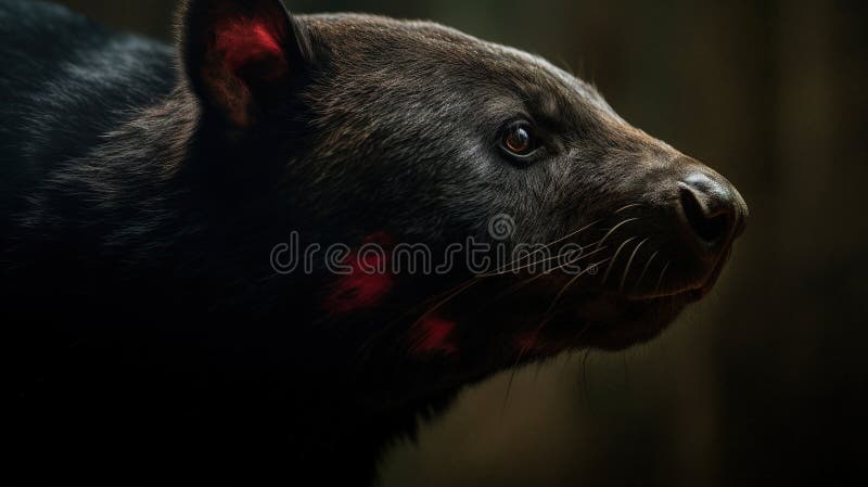 A Close Up of a Black Animal with Red Spots on it S Face Stock ...
