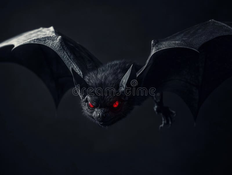 A Close-Up of a Black Bat with Glowing Red Eyes Stock Illustration ...