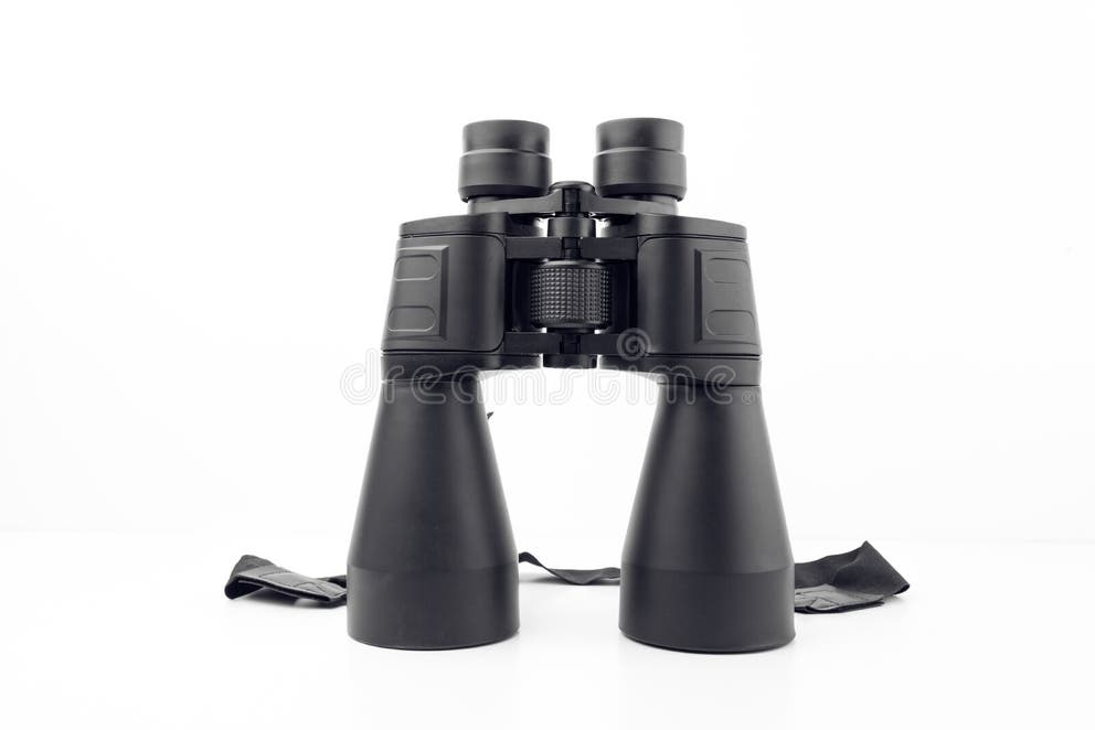 Close Up of Black Binoculars with Big Reflective Lenses on Plain Stock ...