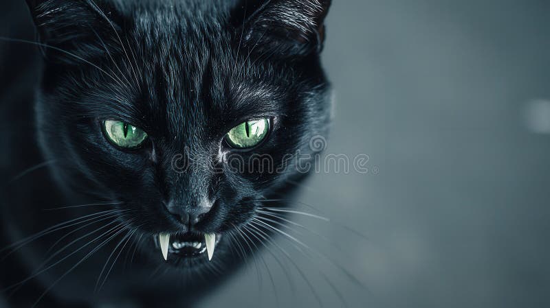 Close Up of a Black Cat with Green Eyes and Sharp Teeth Stock ...