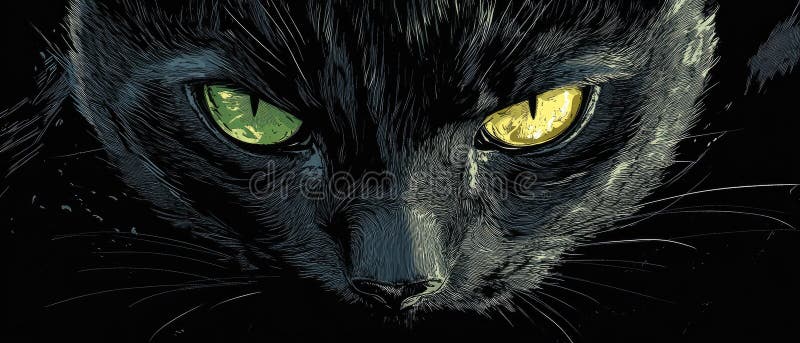 "CLOSE-UP of BLACK CAT S FACE with ONE GREEN and ONE YELLOW EYE" Stock ...