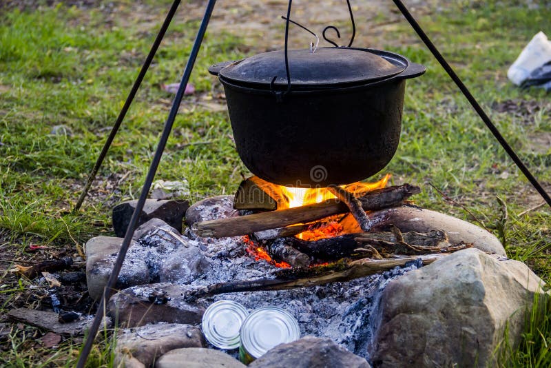 Cauldron on campfire stock image. Image of fire, closeup - 227865647