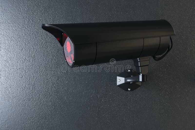 Close Up of Black CCTV Camera on Concrete Wall Background. 3D Rendering ...