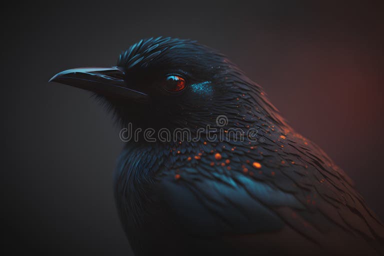 Close Up of a Black Crow Bird on a Dark Background with Light Spots ...