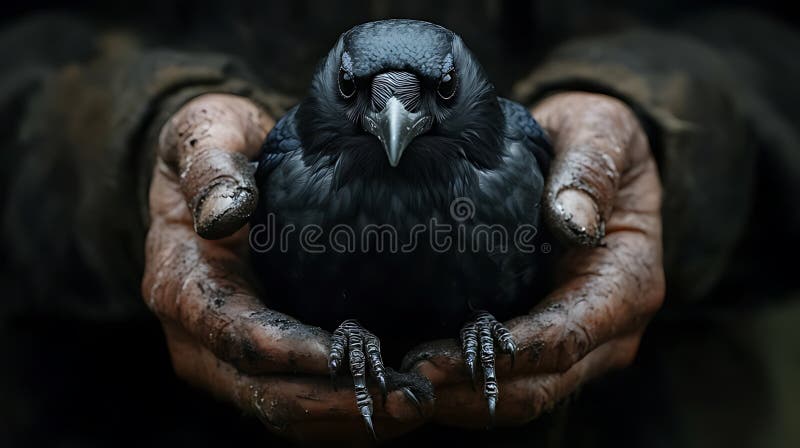 A Close-up of a Black Crow Held in Dirty Hands. the Crow Has a Serious ...