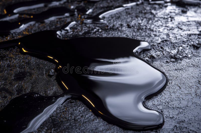 Close-up of Black Crude Oil Spilling Over Metallic Surface Creating ...