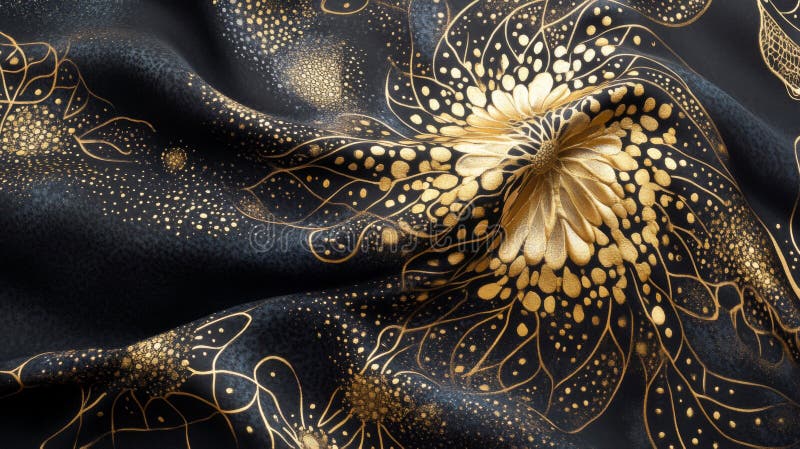 Close Up Black Fabric with Gold Floral Pattern for Elegant and ...