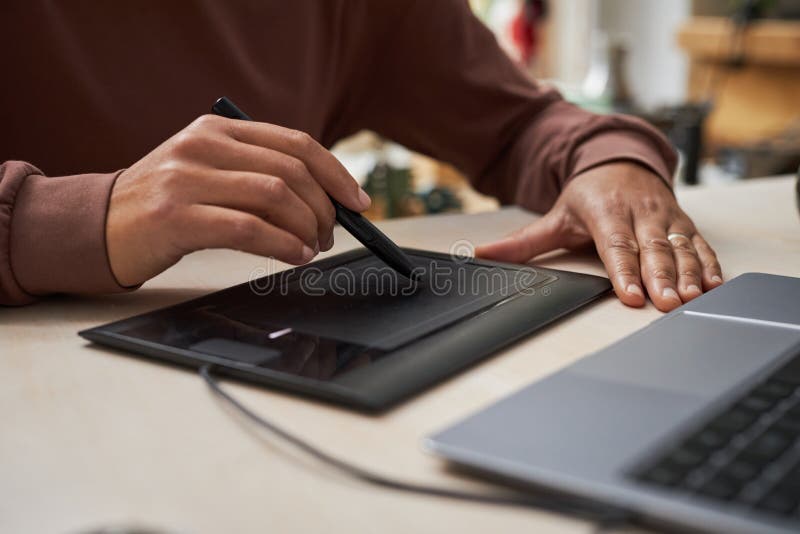 Close Up of Black Female Artist Using Graphic Tablet Stock Image ...