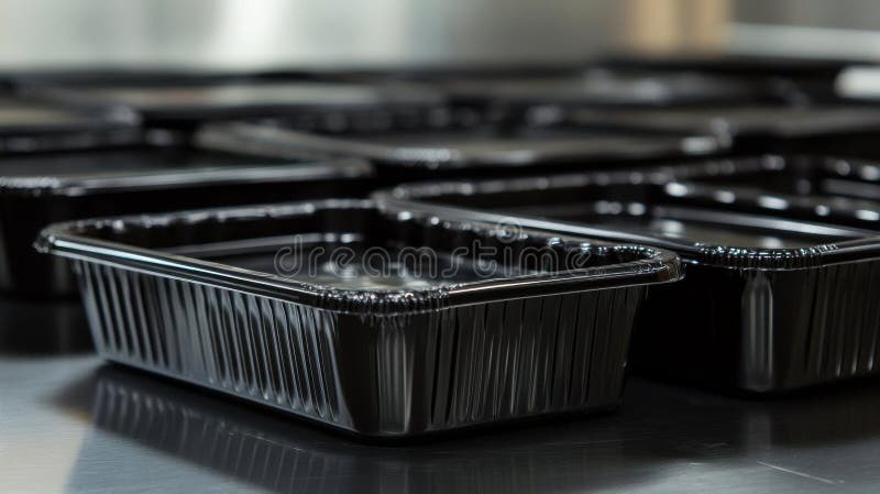 Close Up of Black Food Containers Stacked on a Kitchen Counter Stock ...