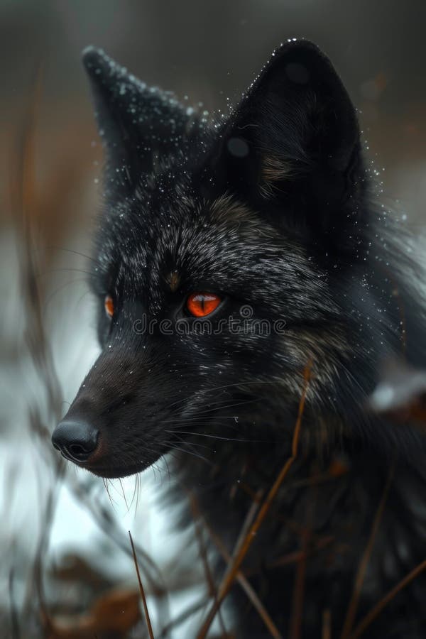 A Close Up of a Black Fox with Red Eyes Stock Photo - Image of winter ...