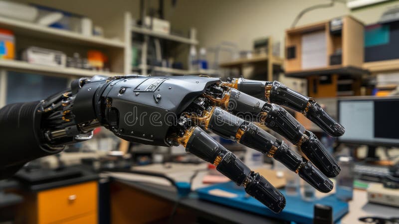Close-Up of a Black and Gold Robotic Hand in a Laboratory Setting Stock ...
