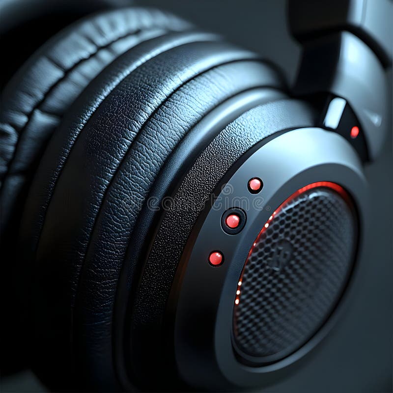 Close Up of Black Headphones with Red Lights - 3D Illustration Stock ...