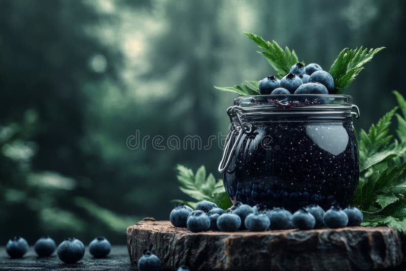 Close Up of Black Jam in the Jar and Blueberries on the Forest ...