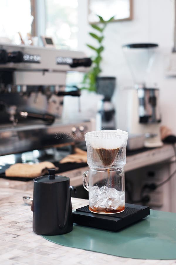 Close Up Black Kettle Coffee Filter Glass Counter Kitchen Cafe Stock ...