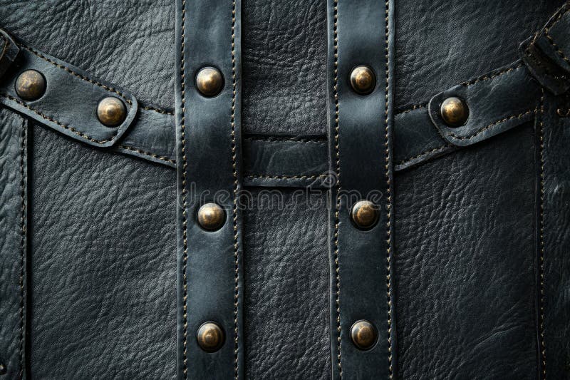 Close-up of Black Leather Adorned with Seams and Rivets, Creating a ...