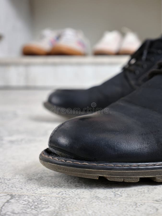 Close-up a a Black Leather Torn Old Boots Stock Image - Image of shoe ...