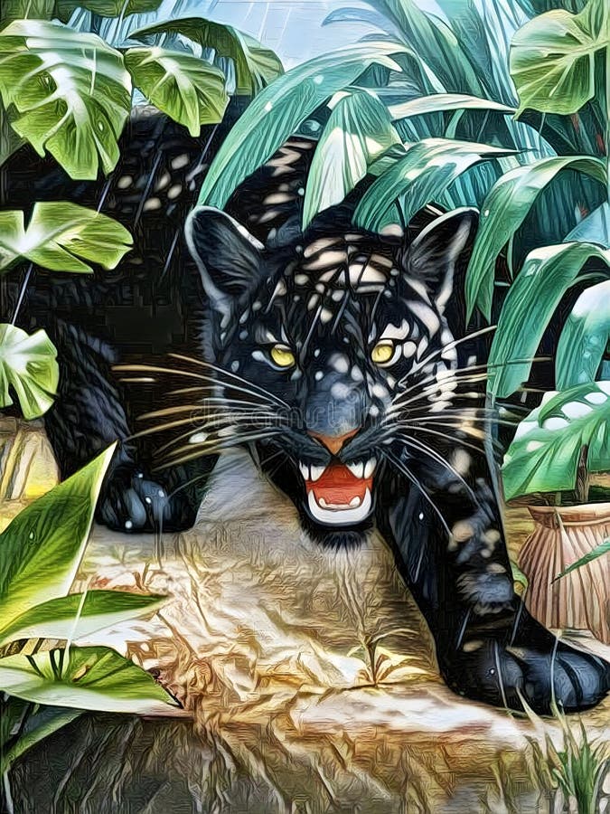 Close Up of Black Leopard in the Forest. Beautiful Illustration of ...