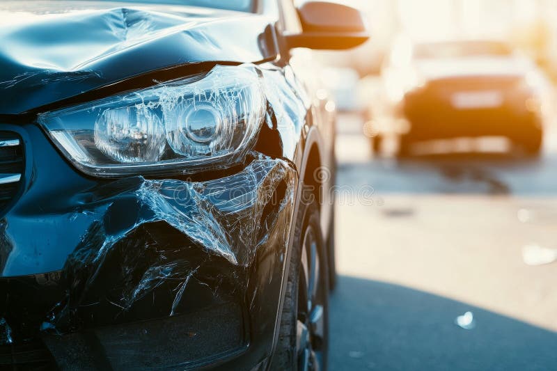 Close Up of a Black Luxury Car Accident on Highway, Highlighting Damage ...