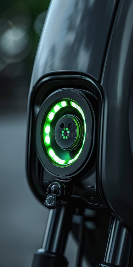 A Close Up of a Black Motorcycle Headlight with a Green LED Ring Stock ...
