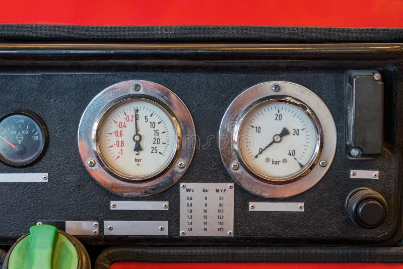 Close Up of a Black Old Worn Panel with Analog Meters. Stock Photo ...