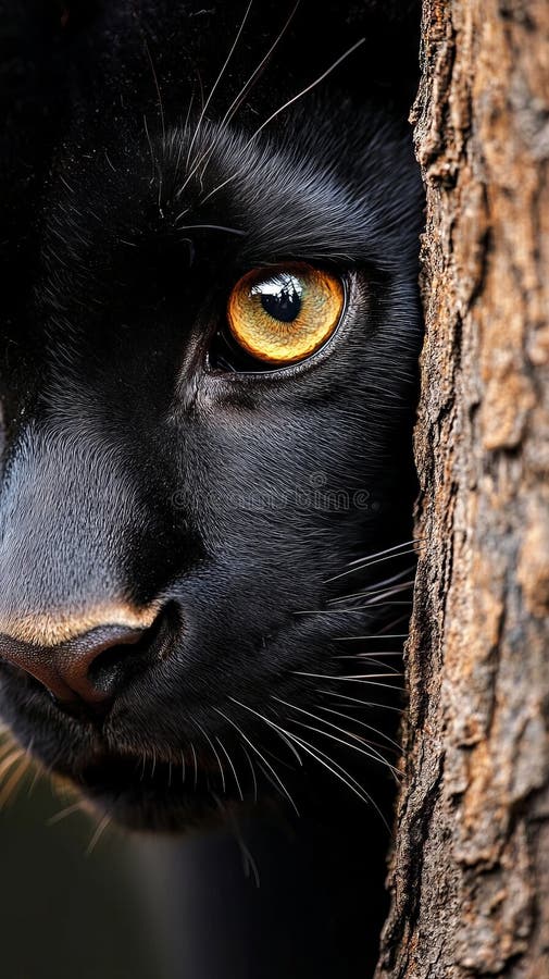 A Close Up of a Black Panther Peeking Out from Behind a Tree Stock ...