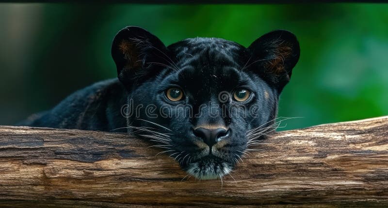 Close-up of a Black Panther Resting on a Log Stock Illustration ...