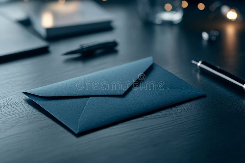 Close Up of Black Paper Envelope on the Table with Pen Stock ...